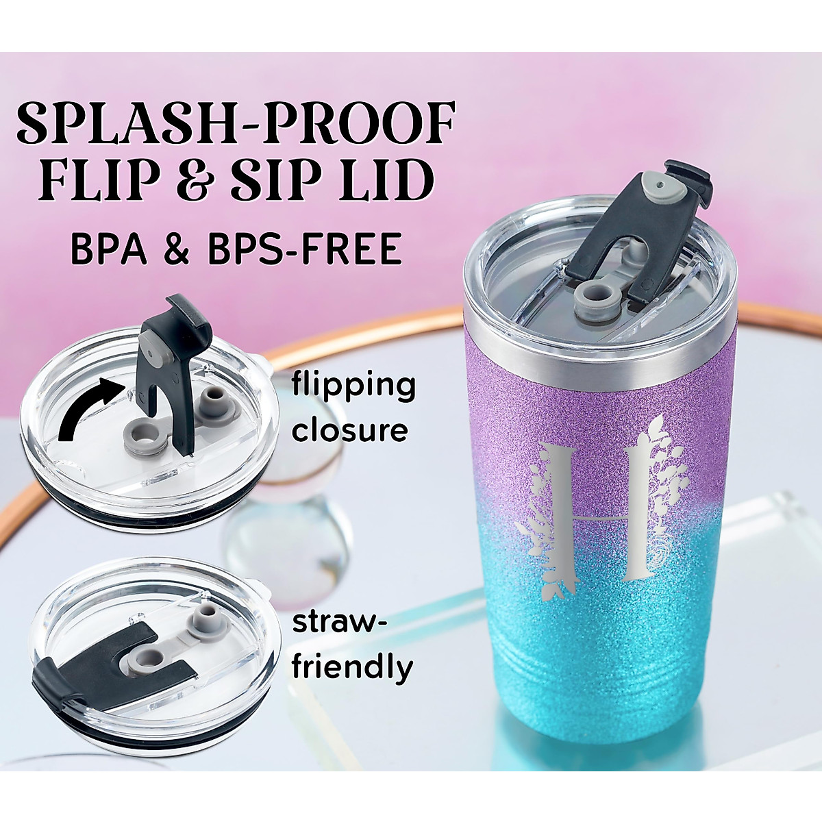 Personalized Tumblers with Lids and Straws for Women, Monogrammed Travel Mugs with Initials, Unique Gifts for Her on Birthdays Xmas, Purple, S