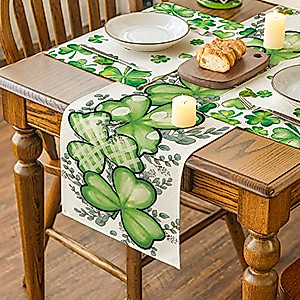 Artoid Mode Clover Shamrocks Eucalyptus Buffalo Plaid St.Patrick's Day Table Runner, Seasonal Kitchen Dining Table Runner for Home Party Decor 13x72 Inch