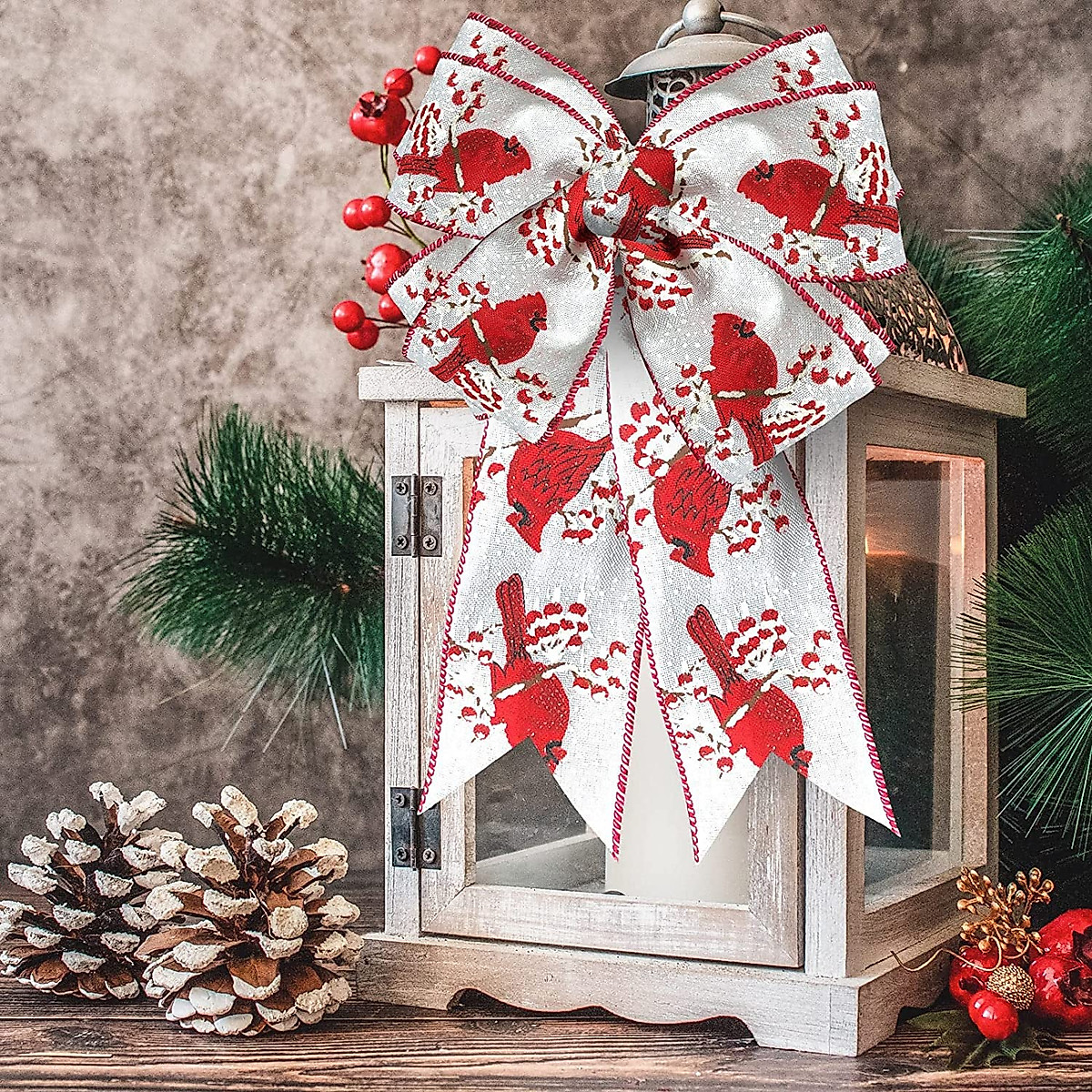 ACSENCETER Red Cardinal with Berry White Patterned Wired Ribbon for Christmas Tree Decorations, Gift Wrapping, Wedding Parties, Garlands and DIY Crafts 2.5" x 10 Yards Christmas Ribbon