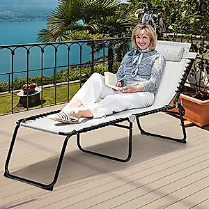 GYMAX Adjustable Chaise Lounge, Folding Lightweight Patio Recliner with Removable Pillow, Poolside Beach Sunbathing Chair for Outdoor/Indoor (Grey)