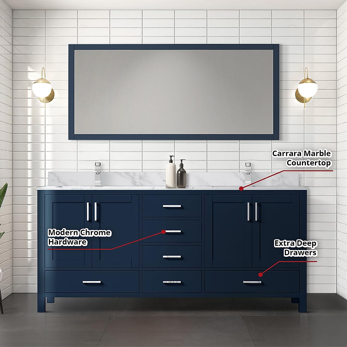 Bell+Modern Big Sur 72 in. W x 22 in. D Navy Blue Double Bath Vanity and Carrara Marble Top