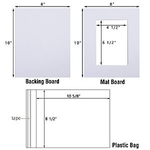 Acid Free 8x10 Pre-Cut Picture Mat Board Kit for 5x7 Photo, Includes 25 White Core Bevel Cut Mattes, 25 Backing Boards, 25 Crystal Clear Bags