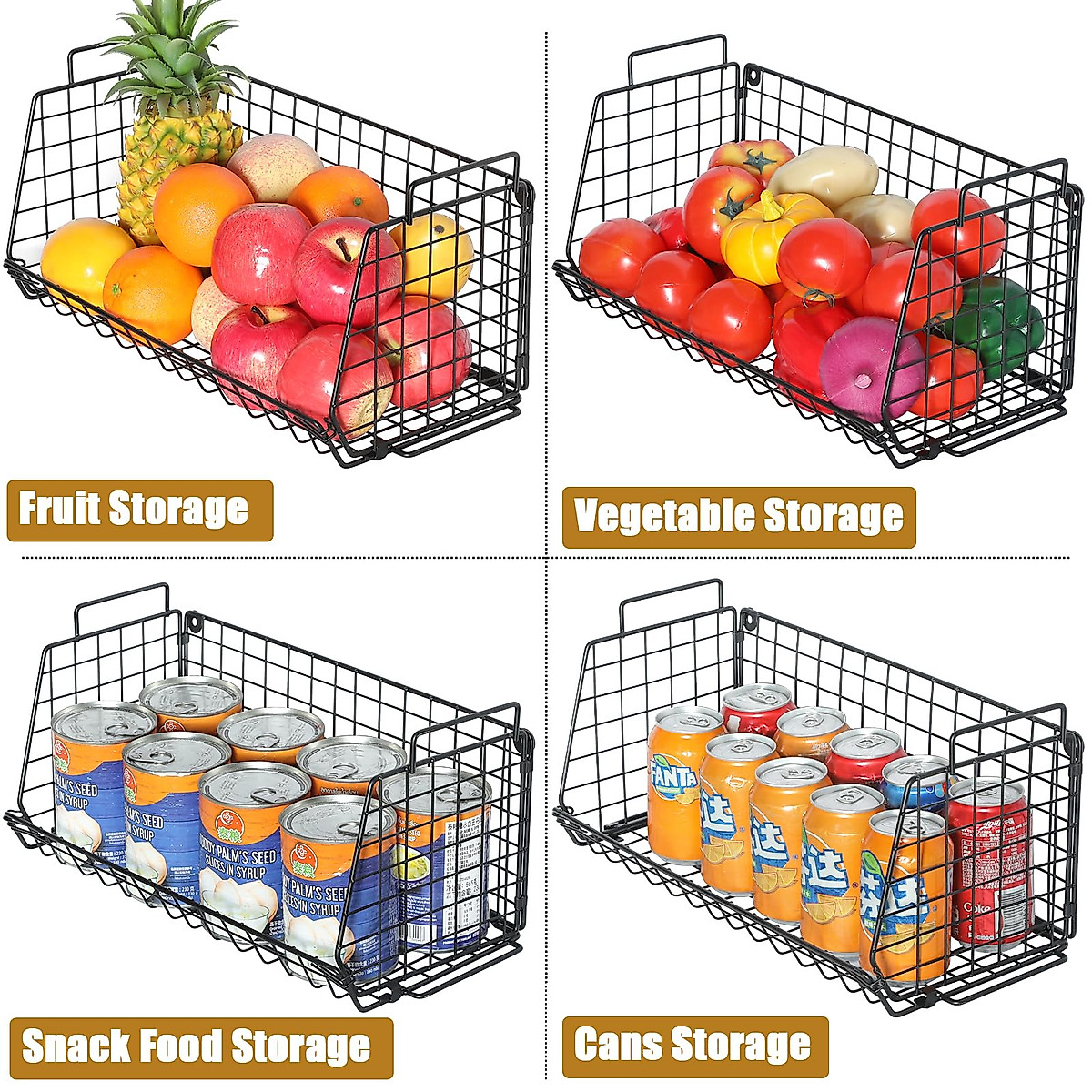 4 Pack Extra Large Stackable Wire Baskets, Pantry Organization and Storage,Wire Baskets for Organizing,Countertop Snack Chips Can Organizer,Household Storage Bins for Cabinet, Kitchen, Closet