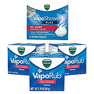 Vicks VapoRub, Chest Rub Ointment, Relief from Cough, Cold w/ Original Medicated Vapors, 1.76 OZ (3 Pack) VapoShower Plus, Shower Bomb Tablets, Soothing Non-Medicated Vapors, 12 Tablets
