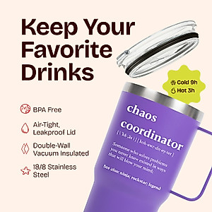 Chaos Coordinator Gifts for Women - Chaos Coordinator Tumbler Mug 20oz with Handle Purple Gifts for Women Boss Lady Gifts for Women Teacher Appreciation Gifts Baskets for Women Nurse Manager Gifts