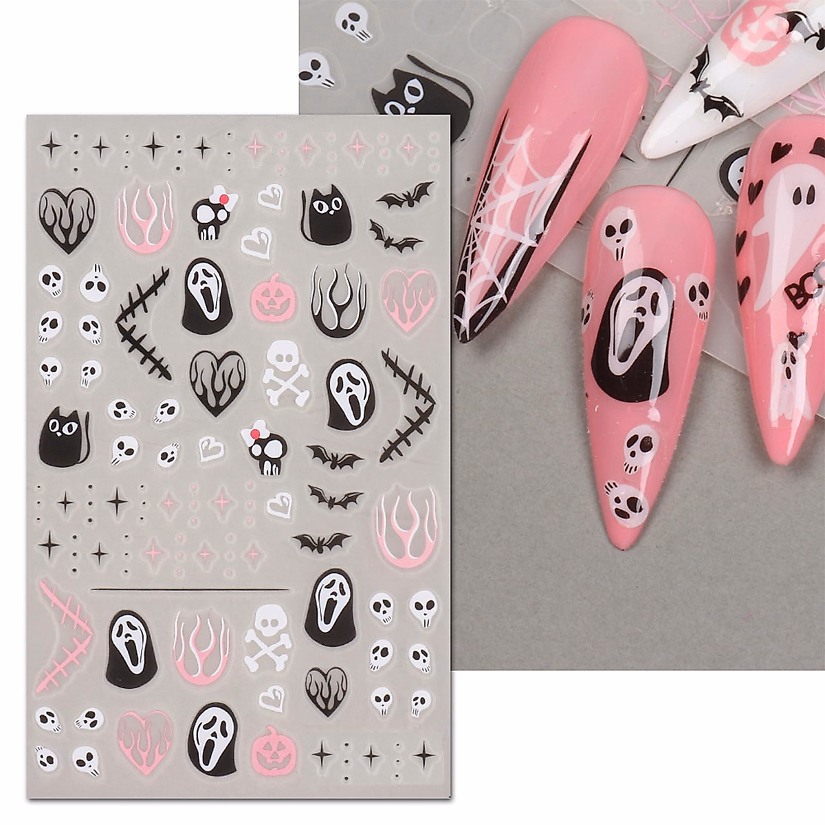 JMEOWIO 9 Sheets Pink Halloween Nail Art Stickers Decals Self-Adhesive Pegatinas Uñas Skull Cute Horror Ghost Witchy Spider Web Bat Pumpkin Nail Supplies Nail Art Design Decoration Accessories