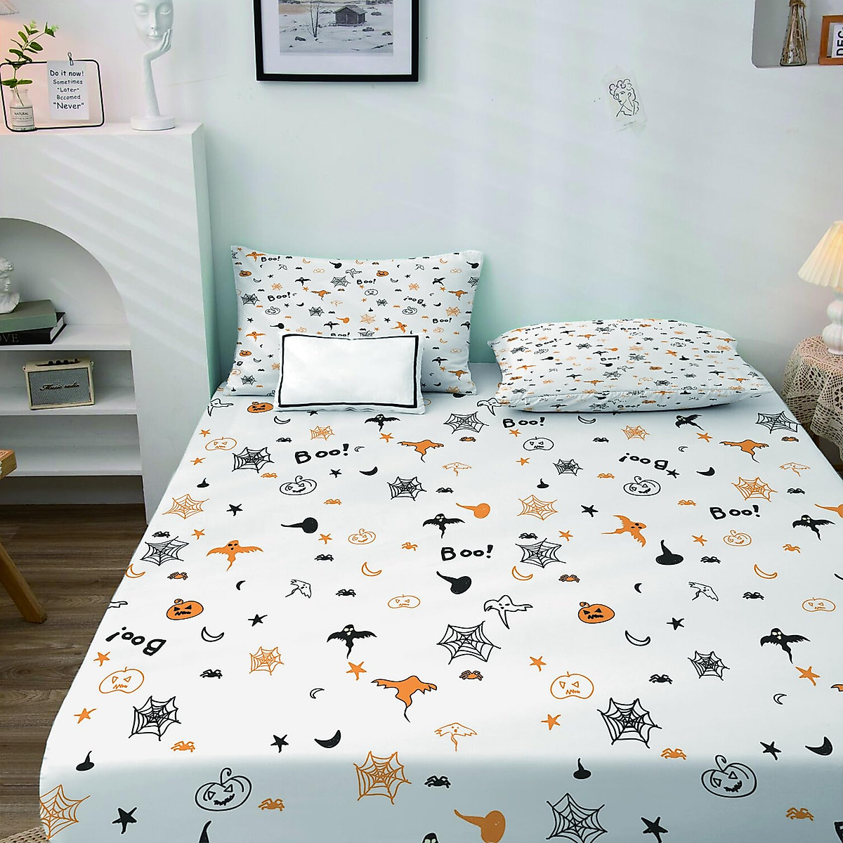 Halloween Sheets Full Size, Pumpkin Bat Spider Web Bed Sheets, Patterned Bedding Sheets & Pillowcases 4 Piece Set - Soft Microfiber Deep Pocket Fitted Sheet & Flat Sheet & 2 Pillow Cases L8-&-104