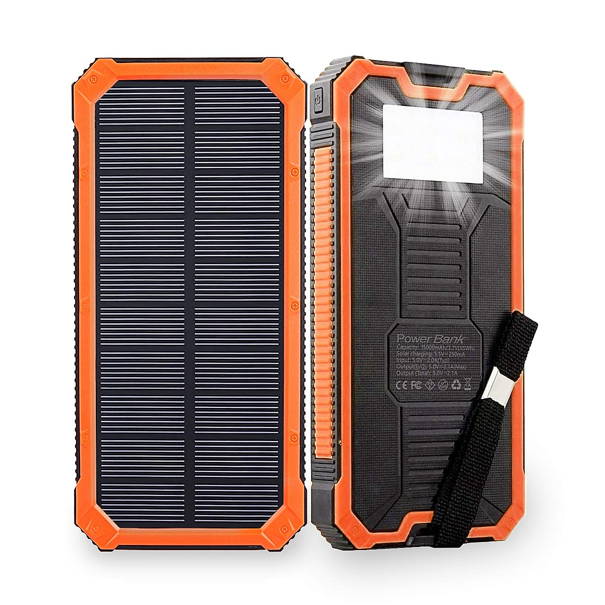 Solar Charger Power Bank, 15,000mAh External Battery Pack with Dual USB Ports and 6 LED Strong Light Flashlight，for iPhone, Smartphones, Tablets, Digital Cameras and More.