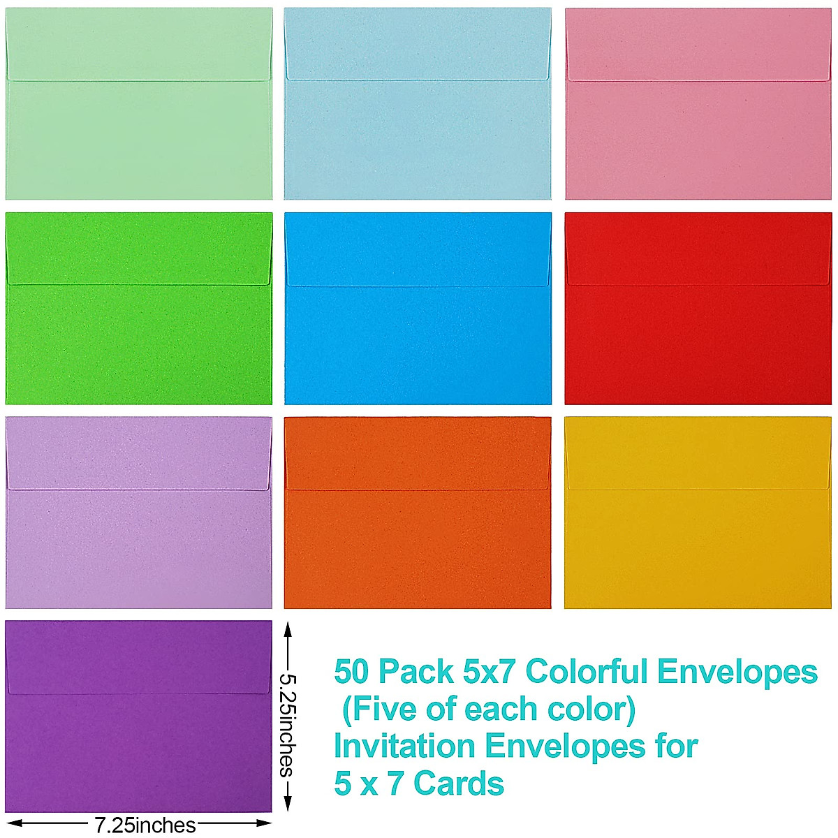 50 Pack Colored Envelopes, 5x7 Envelopes, Card Envelopes A7 Envelopes Envelopes for Invitations, Printable Invitation Envelopes for Weddings, Invitations, Photos, Postcards, Greeting Cards, Mailing
