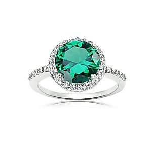 Ice Gems Sterling Silver Simulated Emerald and Cubic Zirconia Round Halo Ring, Size 8