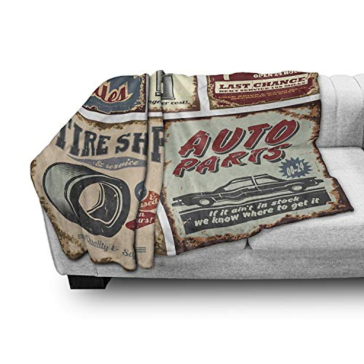 Lunarable 1950s Throw Blanket, Vintage Car Signs Automobile Advertising Repair Vehicle Garage Classics Servicing, Flannel Fleece Accent Piece Soft Couch Cover for Adults, 70" x 90", Burgundy