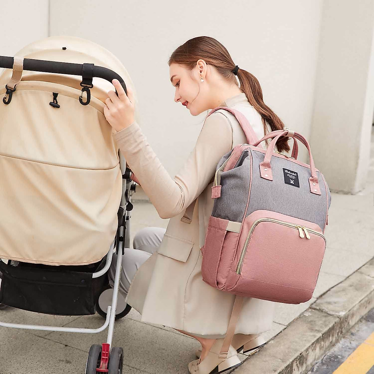 Dokoclub Diaper Bag Backpack, Multifunction Baby Bags, Large Capacity Nappy Changing Bags, Waterproof Travel Backpack,Stylish Durable, Hooks and Changepad, Pink Grey