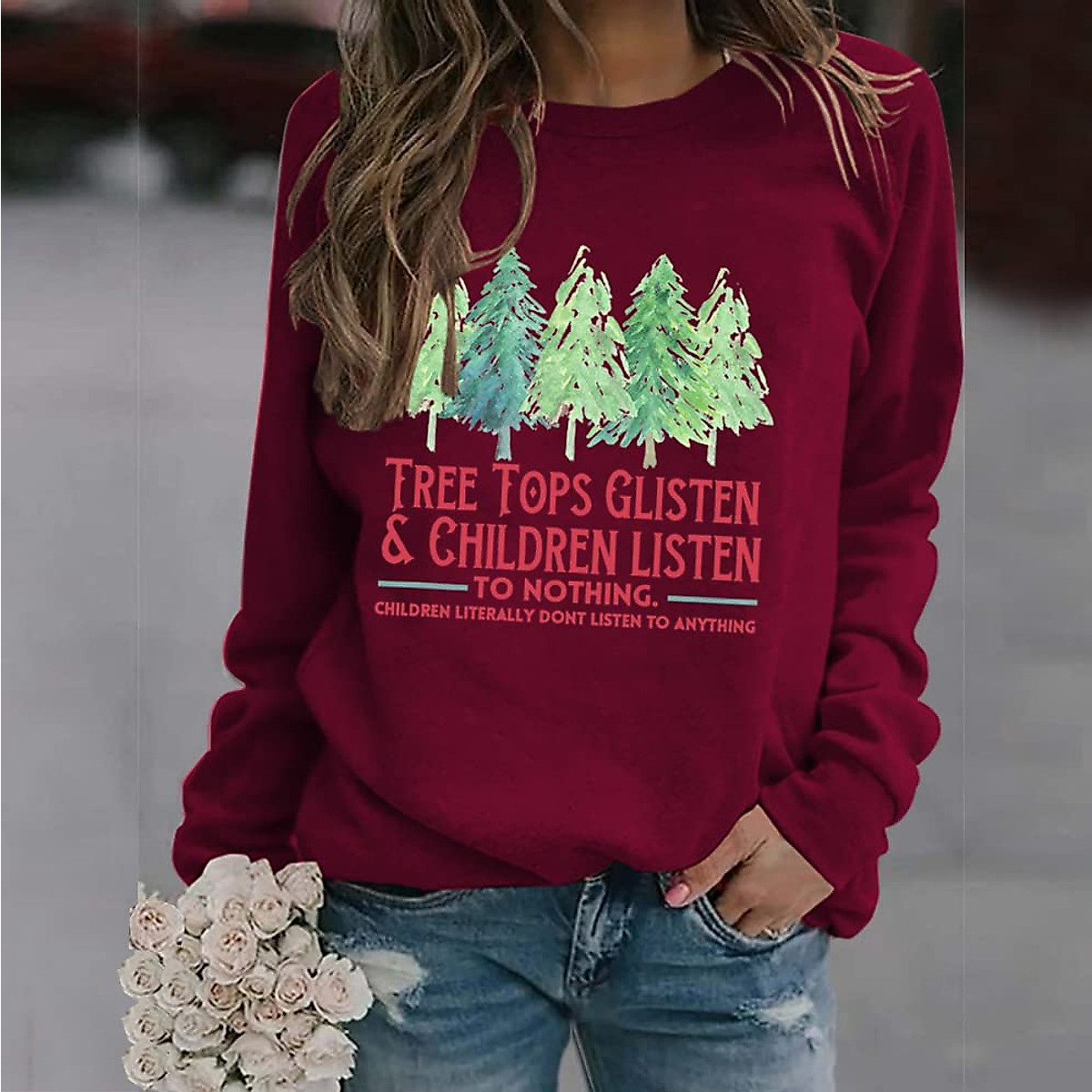 MLZHAN Women Christmas Trees Sweatshirts Tree Tops Glisten Children Listen Sweatshirt Crewneck Long Sleeve Shirt (Wine red,L,Large)