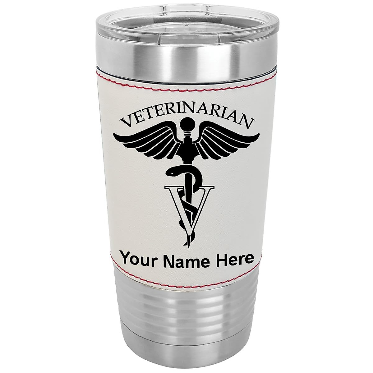 LaserGram 20oz Vacuum Insulated Tumbler Mug, Veterinarian, Personalized Engraving Included (Faux Leather, Baseball Style)
