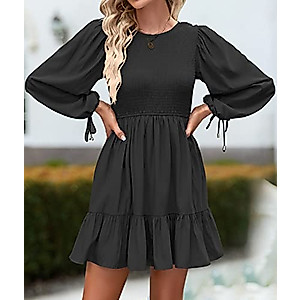 ZESICA Women's Long Sleeve Smocked Dress Spring Casual Crew Neck Tiered Swing Cocktail Wedding Party Mini Dresses,Black,Medium