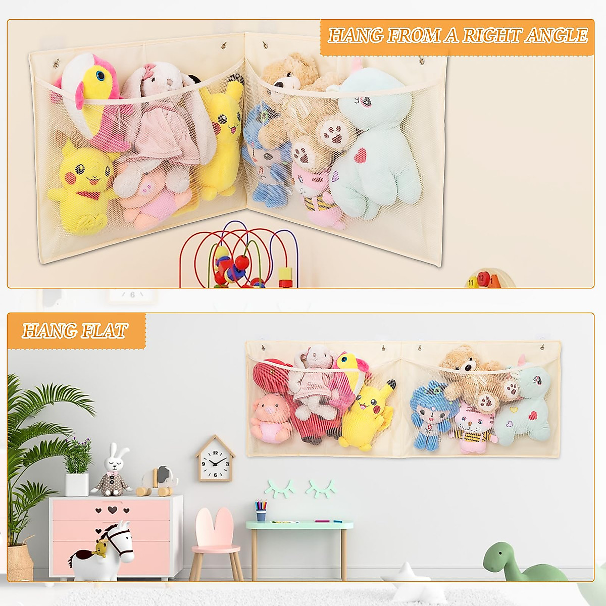 CINPIUK Stuffed Animal Storage Net Wall Haning Organizer Storage for Stuffies, Baby Ideas Holder Plush Plushie Organizer Basket with 2 Pockets for Nursery Wall Bedroom Room, Beige