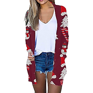 Christmas Sweater Women's Christmas Cardigan Sweater Lightweight Knitting Open Front Coat Xmas Tree Elk Print Holiday Top Outwear Purple Cardigan(AB-Wine Small)