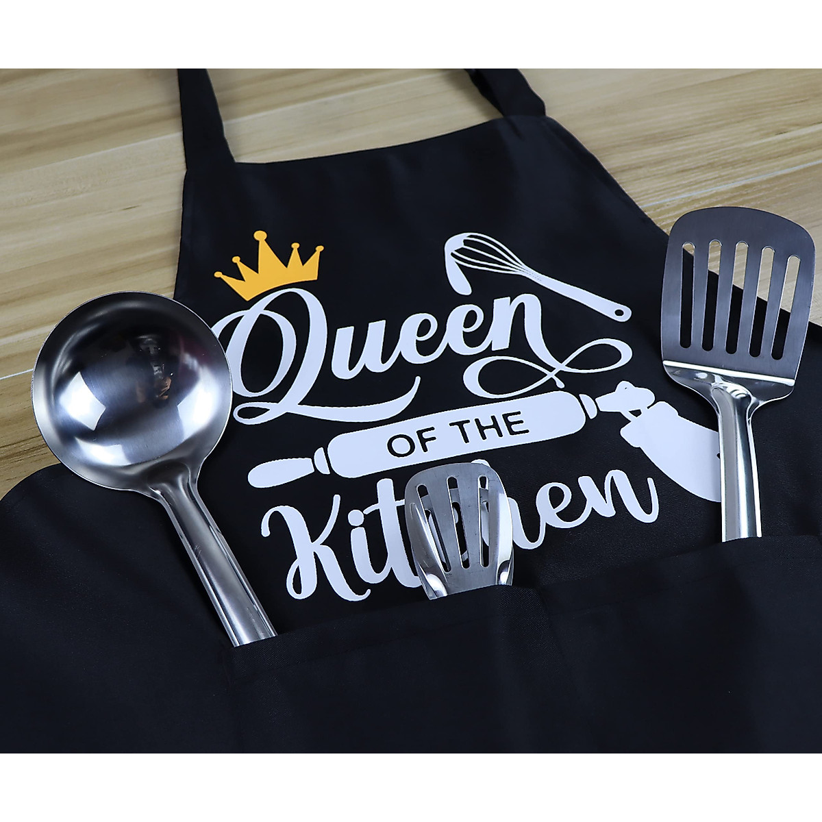 Jpayxese Funny Cooking Aprons for Women with Pockets, Black Queen of the Kitchen Apron Cute Gifts for Wife Grandma Mom Girlfriend (queen of One Size