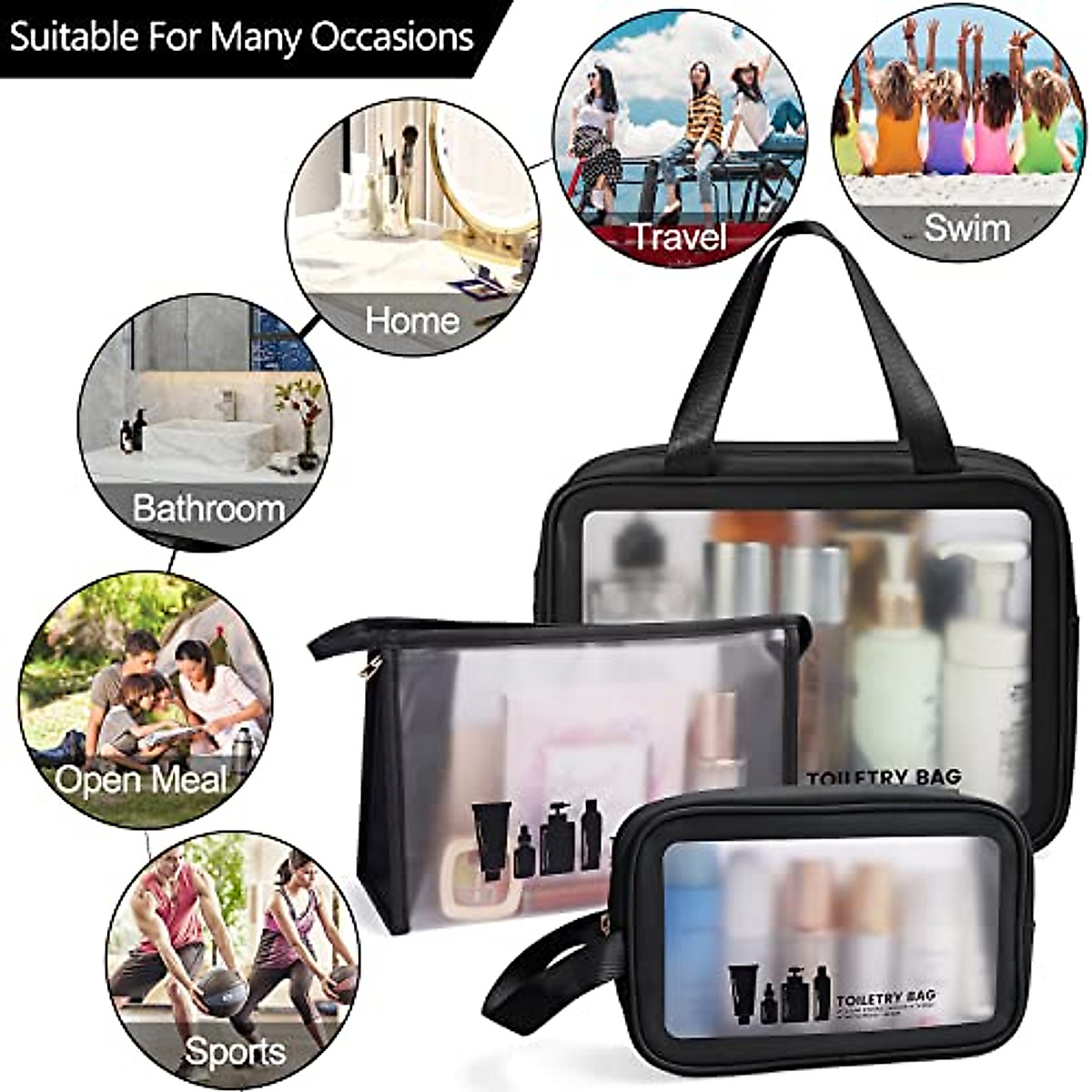 MAANGE 3 Pcs Toiletry Bag for Women Men, Translucent Waterproof Makeup Bags Set Travel Organizer for Accessories, Toiletries, Cosmetics