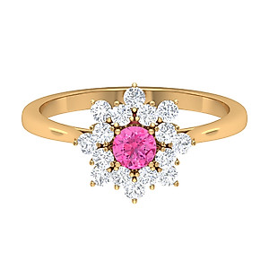Rosec Jewels Pink Sapphire Engagement Ring with Diamond Halo, Pink Sapphire Cluster Halo Engagement Ring, 14K Yellow Gold, Size:US 5.50