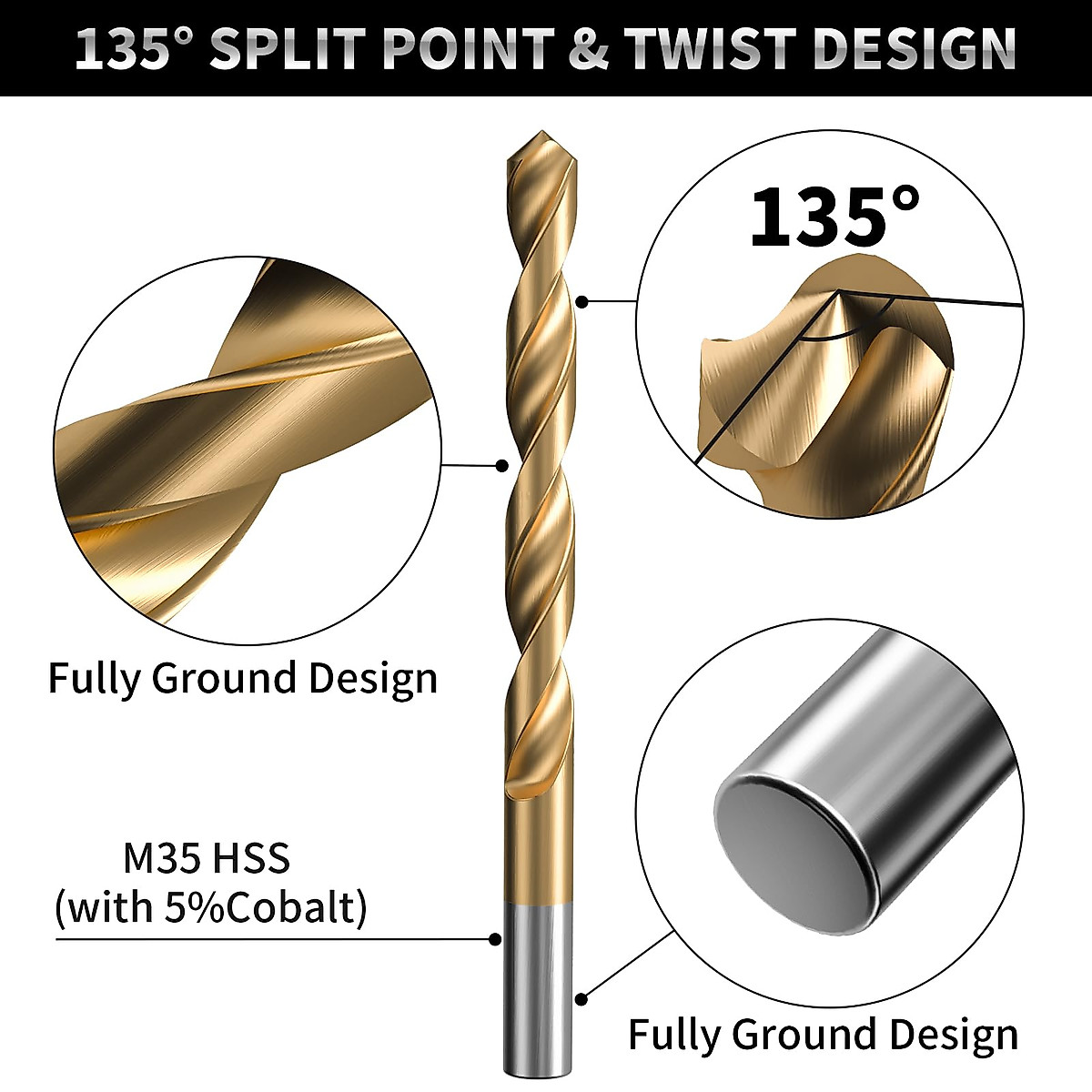 Cobalt Drill Bit Set 115 PCS, M35 High Speed Steel Bits for Hardened Metals Cast Iron, Stainless Steel, Plastic and Wood,with Metal Index Storage Box, 1/16"-1/2", A - Z, 1-60