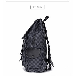 Classic PU Leather Laptop Backpack Unisex For Adult Youth Travel Leisure Fashion Bag Drawstring Gray Grid Backpack (Black)