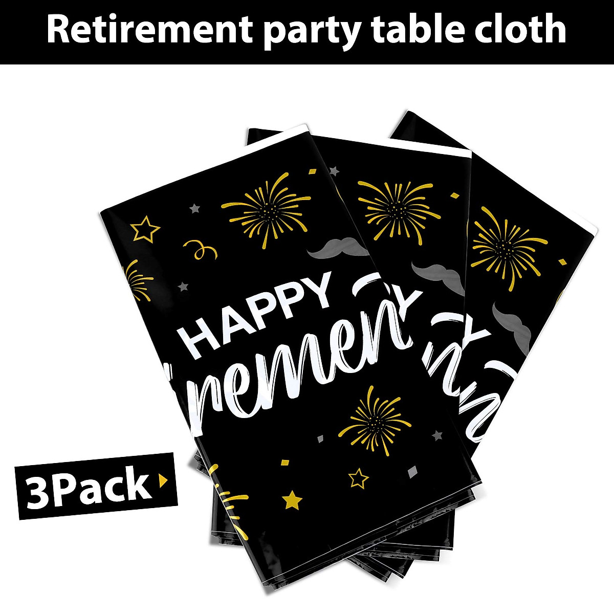 Retirement Decorations, 3pcs Black and Gold Happy Retirement Tablecloth, Plastic Disposable Rectangle Table Cover for Retirement Party Favor Decorations- 54" x 108"
