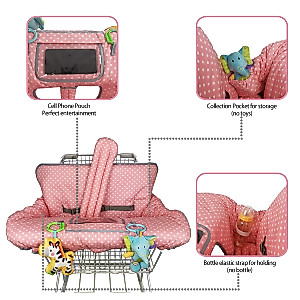 ICOPUCA Shopping Cart Cover, 2 in 1 cart Cover for Babies N high Chair Cover, Padded Grocery cart Cover for Baby Girl boy, with 1” Thick/Removable/Reversible Cushion, Pink dots;