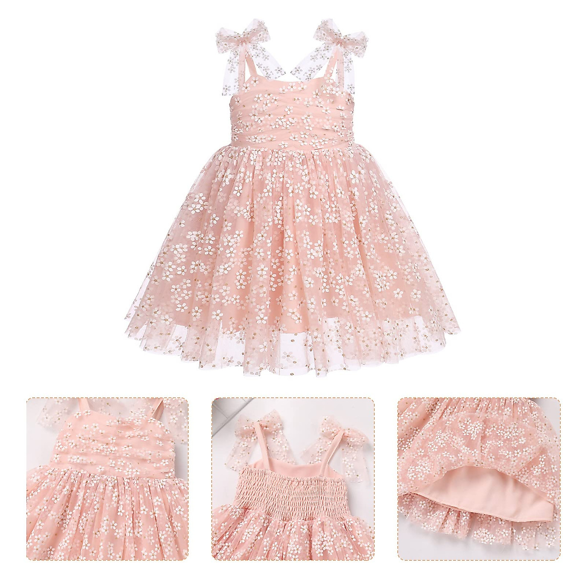 1st Birthday Dress for Baby Girl Toddler Kids First One Year Old Party Princess Dress 2nd 3rd Smash Cake Photo Shooting Spaghetti Straps Bowknot Polka Dots Layered Tulle Tutu Dress Peach 6-12M