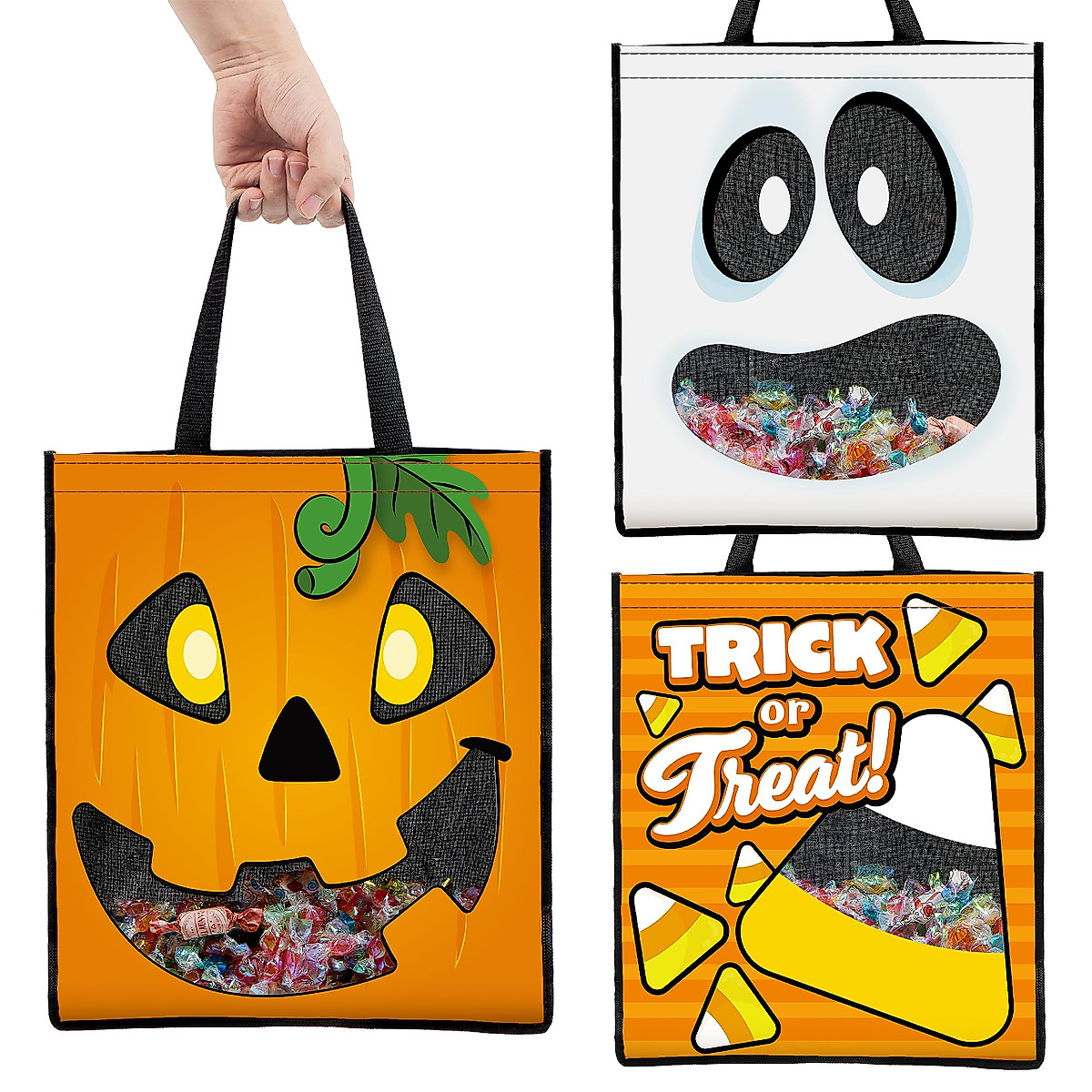 JOYIN 3 PCS Halloween Large Tote See-through Bags 22.5” x 13.75” Grocery Tote Trick or Treat Grocery Goody Bags for Trick or Treating, Grocery Shopping and More