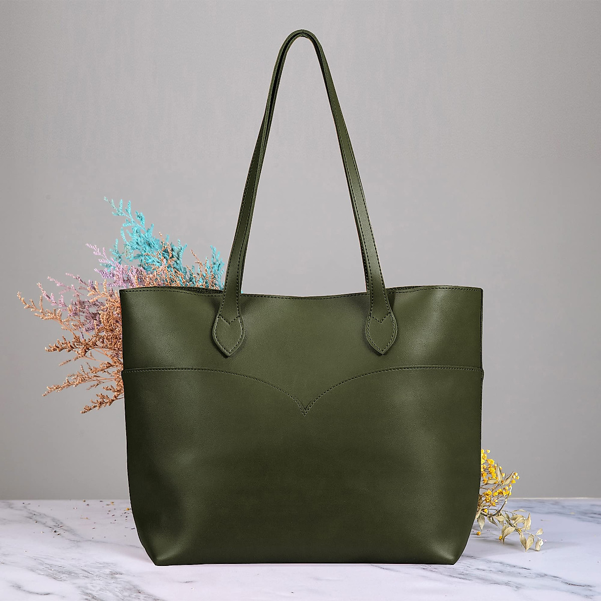 SUNLIGHT LEAVES Tote Bag Green For Women Vegan Leather Large Simple Vintage Shoulder Handbag Classic Purse