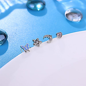 DOLOTTA 12PCS 20G Surgical Steel Nose Rings Studs for Women Men CZ Moon Star Butterfly Nose Rings L Shaped Opal Snowflake Flower Nose Studs Silver