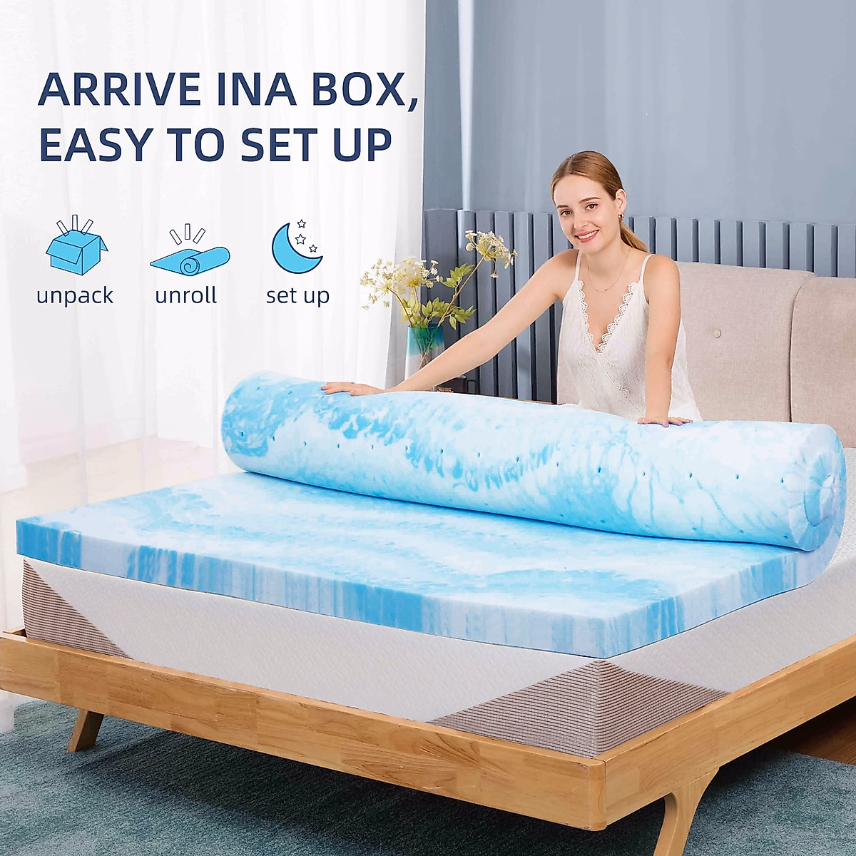 Opoiar 2 Inch Cooling Gel Memory Foam Mattress Topper in a Box, Medium Firm Mattress Topper for Pressure Relief & Temperature Regulation,CertiPUR-US Certified, Blue&White(Queen)