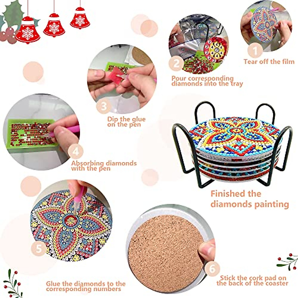 ASIPHITU Diamond Painting Coasters with Holder 6 Pcs Diamond Art Kits DIY Mandala Coasters Diamond Painting Kits Arts and Crafts for Adults, Beginners & Kids
