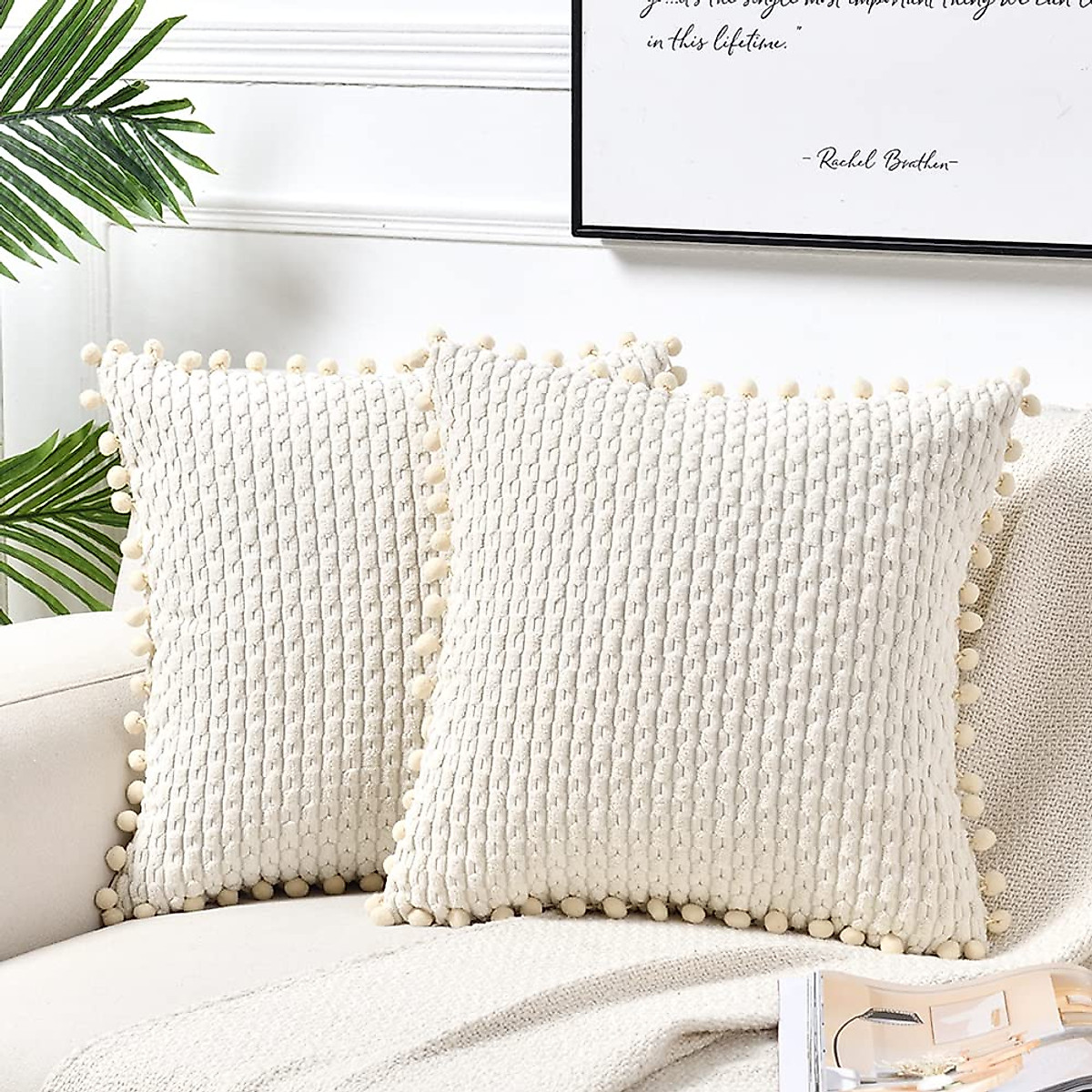 Fancy Homi Set of 2 Boho Cream Decorative Throw Pillow Covers 18x18 Inch with Pom-poms for Couch Bed Sofa, Modern Farmhouse Home Decor, Soft Plush Corduroy Cute Cushion Case 45x45 cm