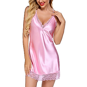 Avidlove Womens Lingerie Satin Lace Chemise Nightgown Nightshirt Full Slips Sleepwear (Pink, Large)