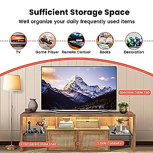 Lyromix LED TV Stand for Televisions up to 70 Inches Modern Rattan Entertainment Center with Cabinet Storage and 2 Door, Large Boho Media Console Table for Living Room, Natural