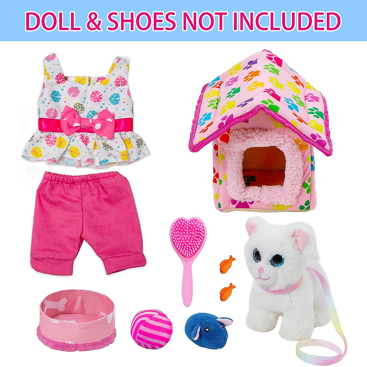 ZNTWEI American Doll Clothes and Accessories - Pet Kitty Play Set fit American 18 Inch Doll Including 18 Inch Doll Clothes, Pet Nest, Cat Pot, Toy Ball, Hair Comb, Toy Fish