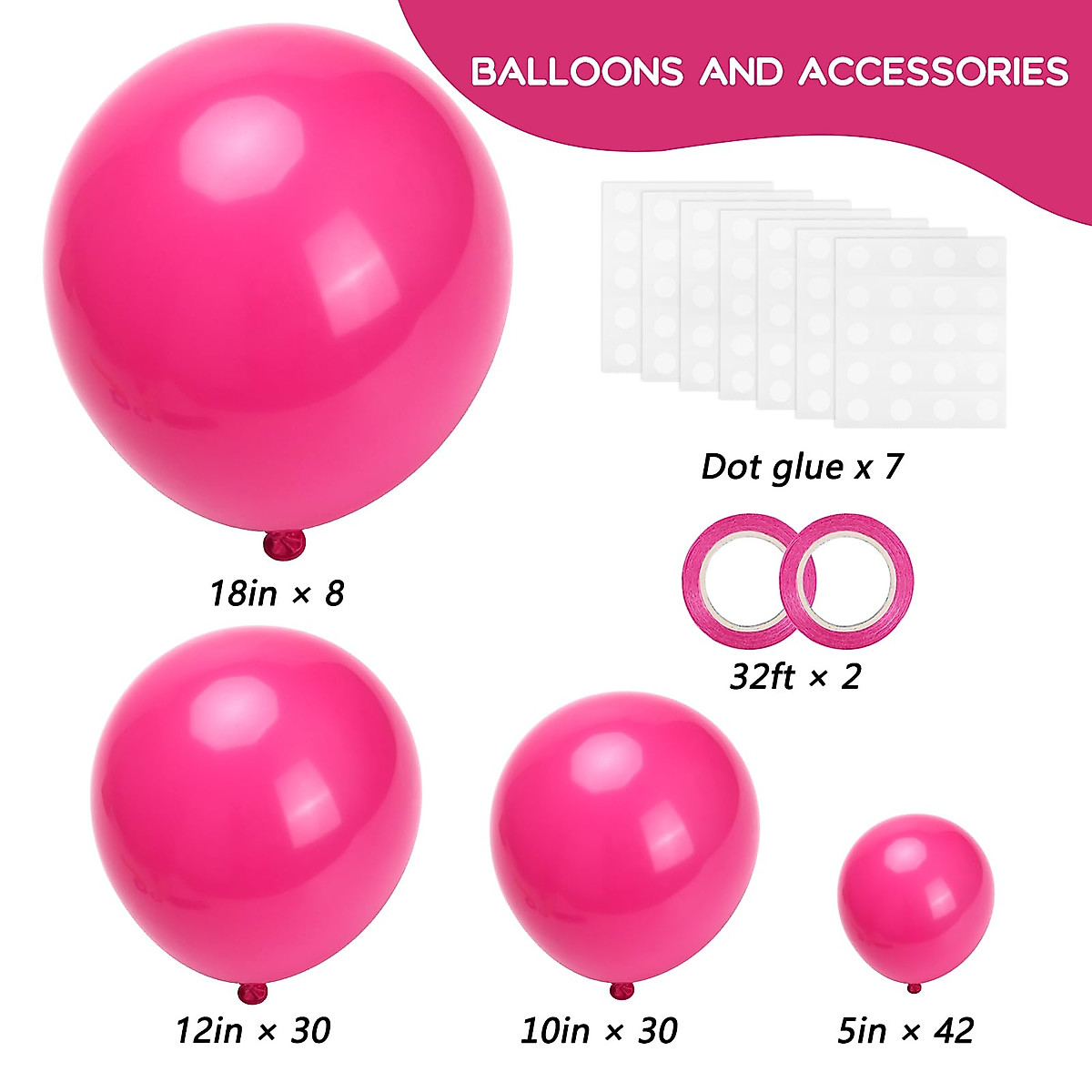 RUBFAC 110pcs Hot Pink Balloons Latex Balloons Different Sizes 18 12 10 5 Inch Party Balloon Kit for Birthday Baby Shower Wedding Princess Theme Party Decoration