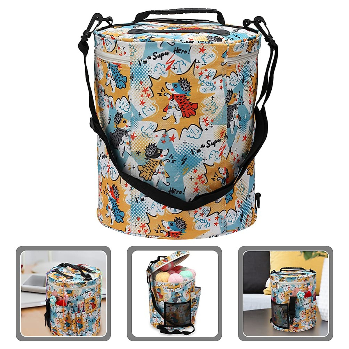 Knitting Bag Yarn Storage Tote Organizer with Shoulder Strap Handles Portable DIY Tool Bucket Round Container for Knitting Needles Crochet Hooks Accessories