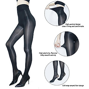 GOCBOBO Women's Oil Shiny Pantyhose High Waist Control Top Sheer Glossy Tights Plus Size Silk Pantyhose for Women Black