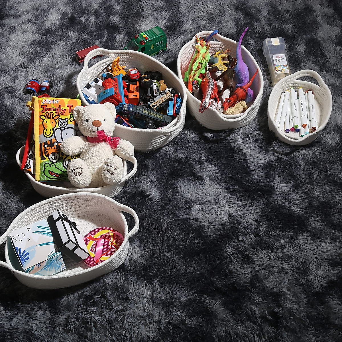 VOOWO Set of 5 Rope Basket, Woven Rope Baskets for Storage, Baskets for Gifts Empty, Small Rope Basket for Organizing, Nursery Rope Basket, Cotton Rope Basket, Woven Basket for Shelves (Off White)