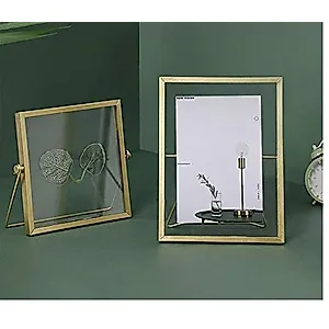 Leoyoubei Gold Floating Glass Frame,Hand-Made,Vintage Style and Real Glass Photo Frame Collection Metal Geometric Picture Frame,Double Glass,Metal Floating Desk Frame 4x4,Can Also Put 5X5 Photo