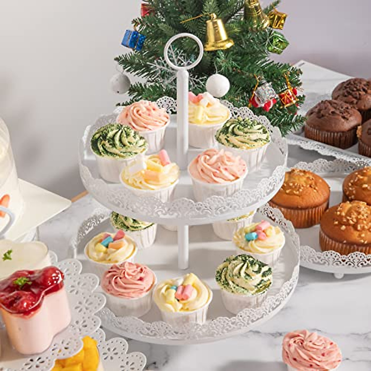 ALEDO White Cake Stand 5 Pcs, Dessert Table Display Set Metal Antique-inspired with Cake Pop Stand, Cupcake Tower, Treats Candy Station for Wedding Birthday Party Baby Shower Celebration Holiday Décor
