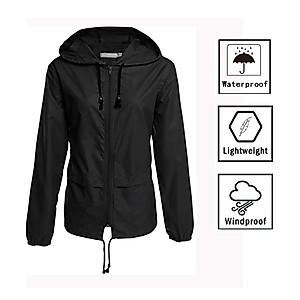 Hount Women's Lightweight Hooded Raincoat Waterproof Packable Active Outdoor Rain Jacket (Black, XL)