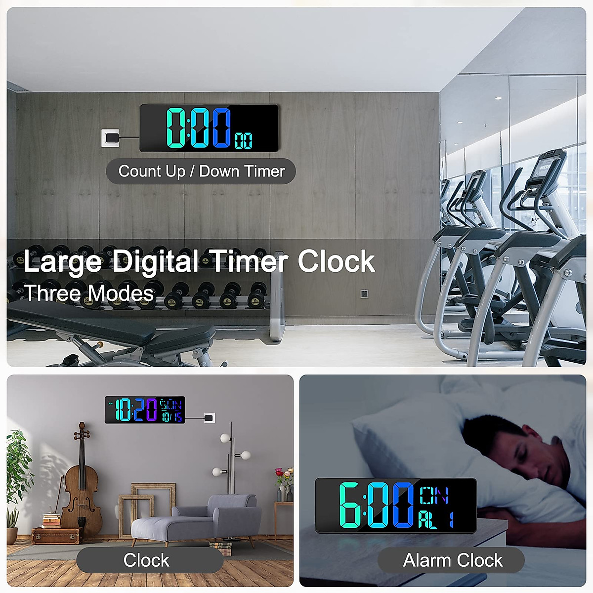XREXS Large Digital Wall Clock with Remote Control, 17 Inch LED Large Display Count Up & Down Timer, Adjustable Brightness RGB Color Changing Clock Alarm Clock for Home, Gym, Office and Classroom