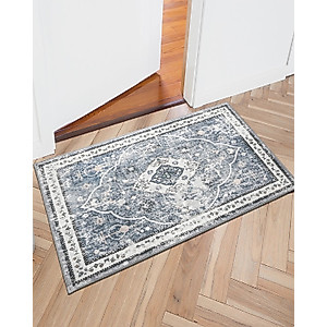 Boho Washable Rugs 2x3 Rug for Entryway Non Slip Small Area Rugs Blue Vintage Door Mat Soft Foldable Small Outdoor Rug for Kitchen, Front Door Indoor Entrance, Bedroom