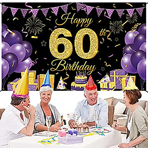 Wiipenex Happy 60th Birthday Backdrop Banner 70.86” x 43.3” Purple Black 60th Birthday Decorations Cheers to 60 Years Old Balloons Backdrop Party Supplies Birthday Yard Sign Poster Photo Booth Props