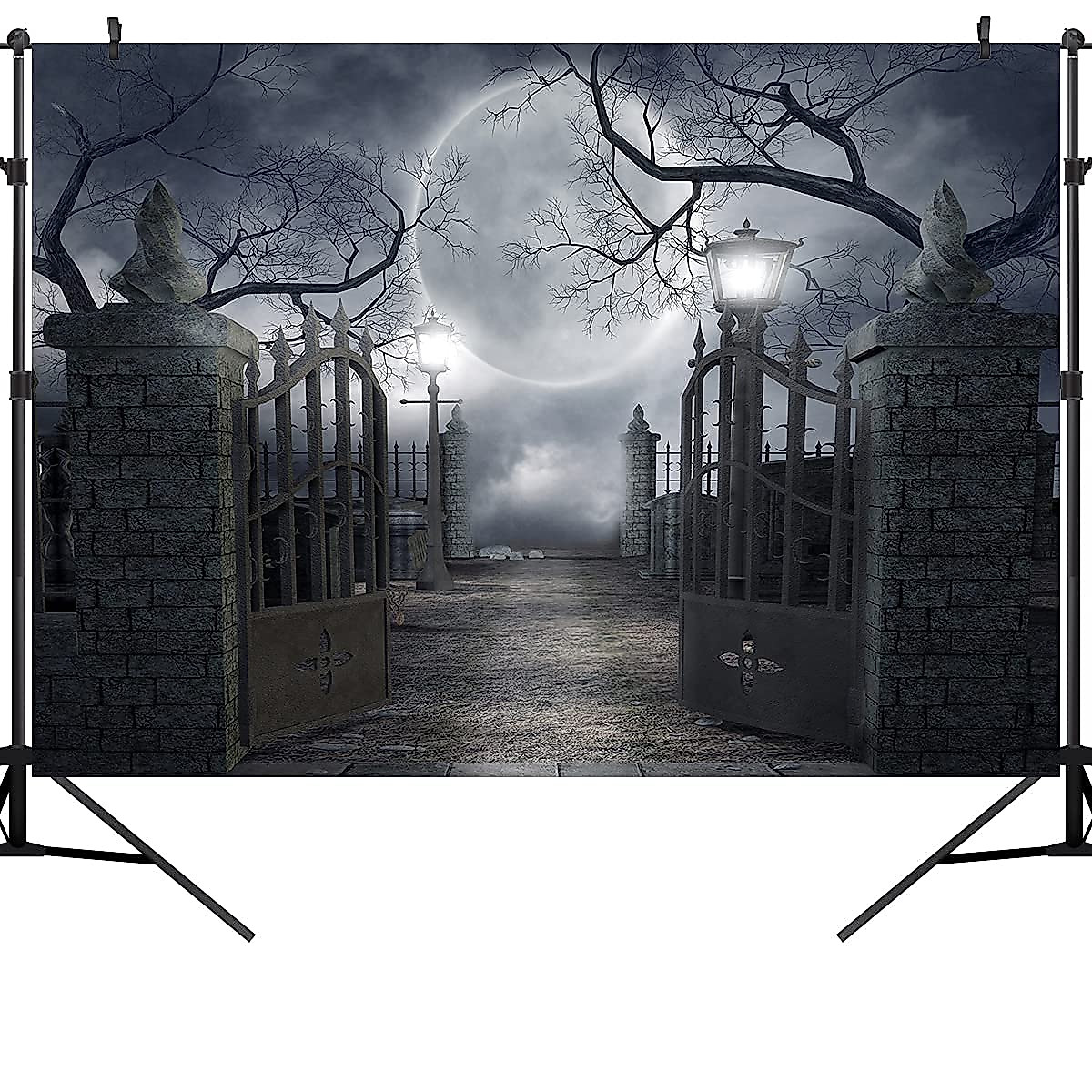 OUYIDA Halloween Night Full Moon Backdrop Gloomy Woods Graveyard Photography Background Horrible Cemetery Spooky Party Banner Halloween Party Decoration Photo Booth Props 7X5FT TP17F