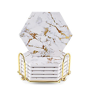 Geichan Marble Gold Coasters for Drinks Absorbent with Cork Base, 6pcs Drink Coasters for Wooden Table with Metal Holder, Gold Ceramic Cup Coaster Set Home Decor for Tabletop Protection